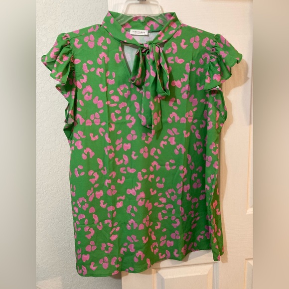 First Love | Tops | Nwot First Love Green Blouse With Pink Leopard ...